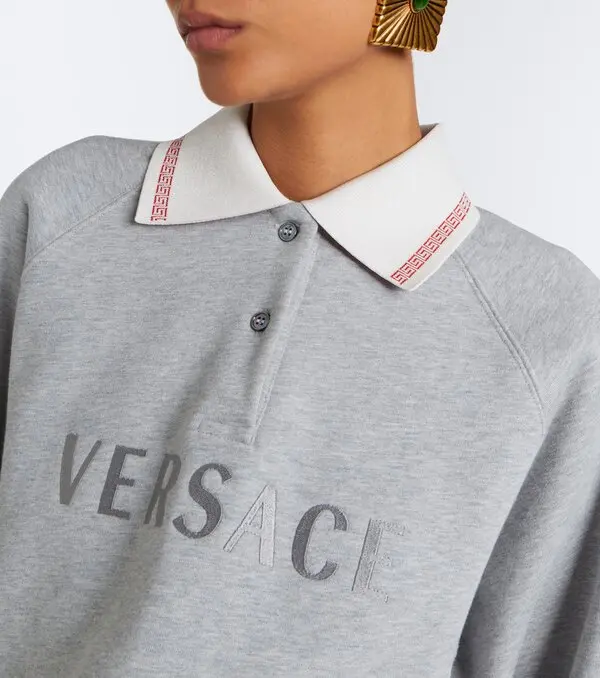 Versace Cropped Cotton Jersey Polo Shirt With Embroidered Collar - Grey