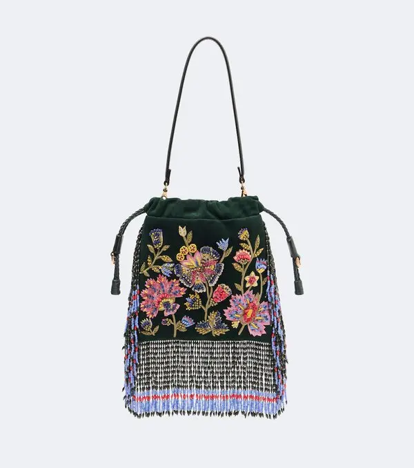 Etro Kalispera Small Beaded Suede Shoulder Bag - Green