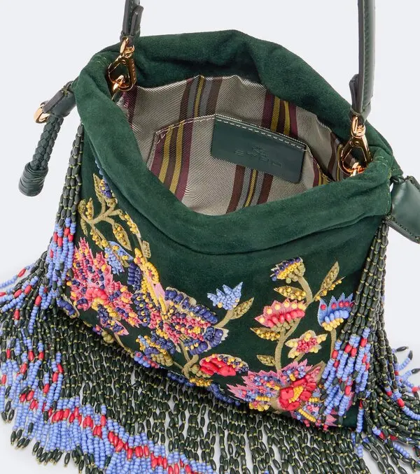 Etro Kalispera Small Beaded Suede Shoulder Bag - Green