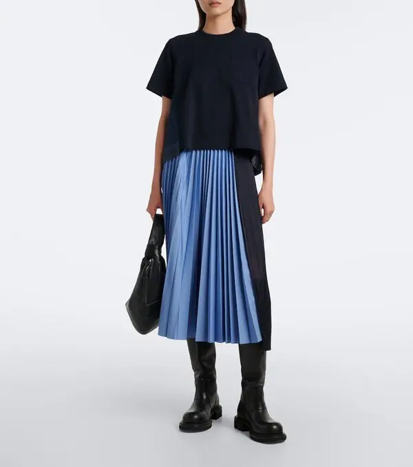 Sacai Cotton Jersey And Denim T-shirt - Blue