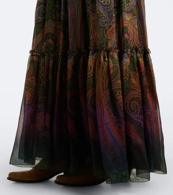 Etro Paisley Silk Tiered Maxi Skirt - Green