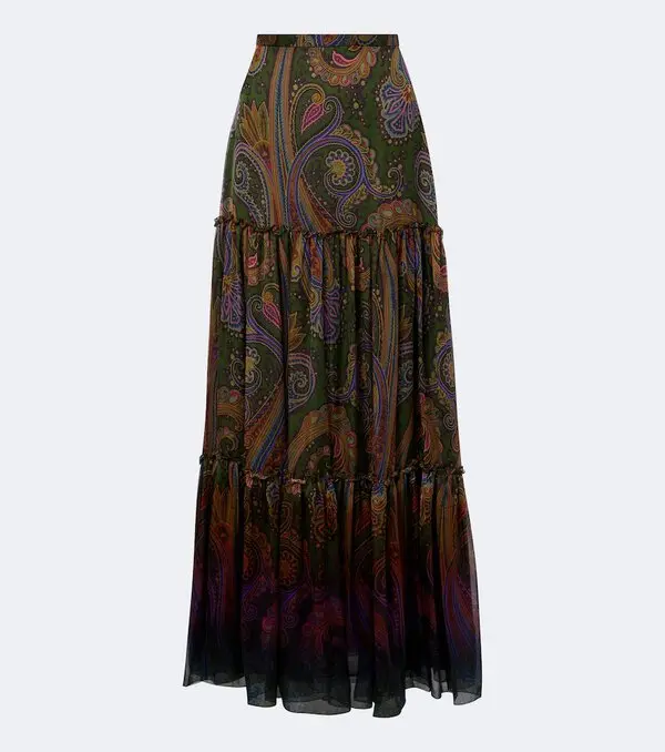 Etro Paisley Silk Tiered Maxi Skirt - Green