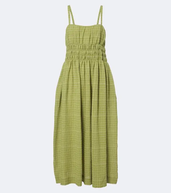 Asceno Verona Checked Cotton Midi Dress - Green