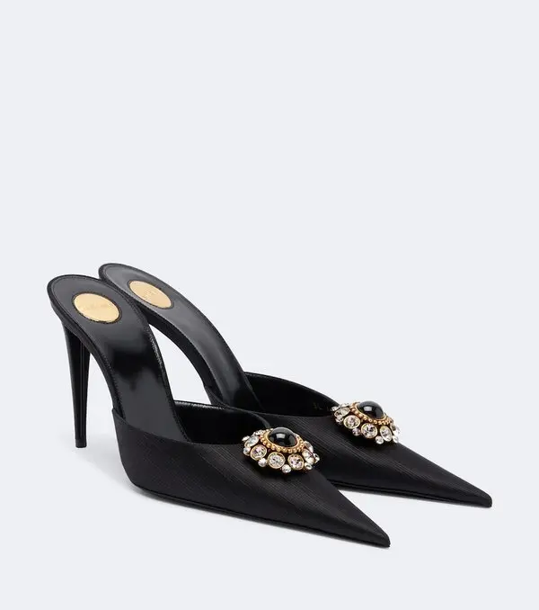 Saint Laurent Embellished Satin Mules - Black