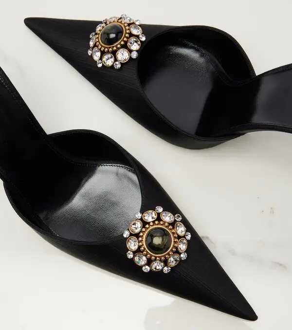 Saint Laurent Embellished Satin Mules - Black