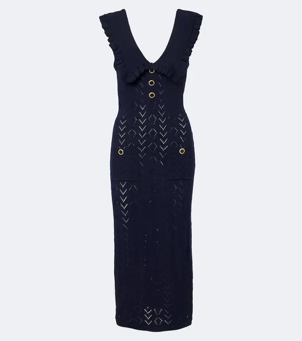 Alessandra Rich Knitted Virgin Wool Midi Dress - Blue