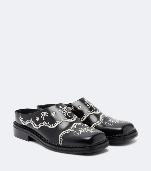 Simone Rocha Embroidered Leather Mules - Black