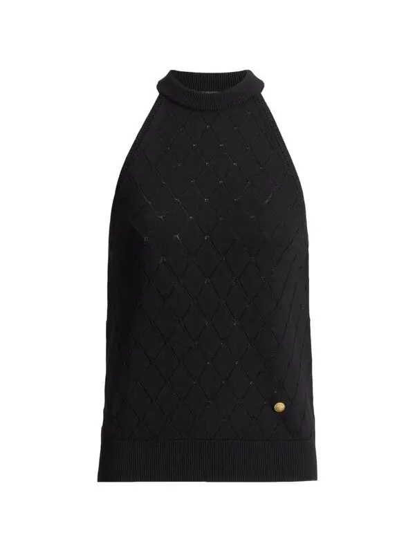 Balmain High Neck Quilted Wool Top With Lion Chain Medallion - Multicolor
