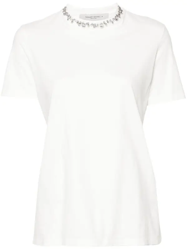 GOLDEN GOOSE White Cotton T-shirt With Embellished Collar - Multicolor