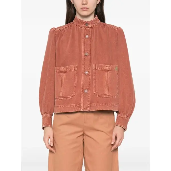 Chloé Denim Jacket With Band Collar And Puff Sleeves - Brown