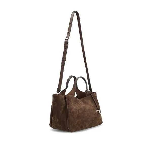 TOD'S Suede Tote Bag With Silver-tone Logo Charm - Brown
