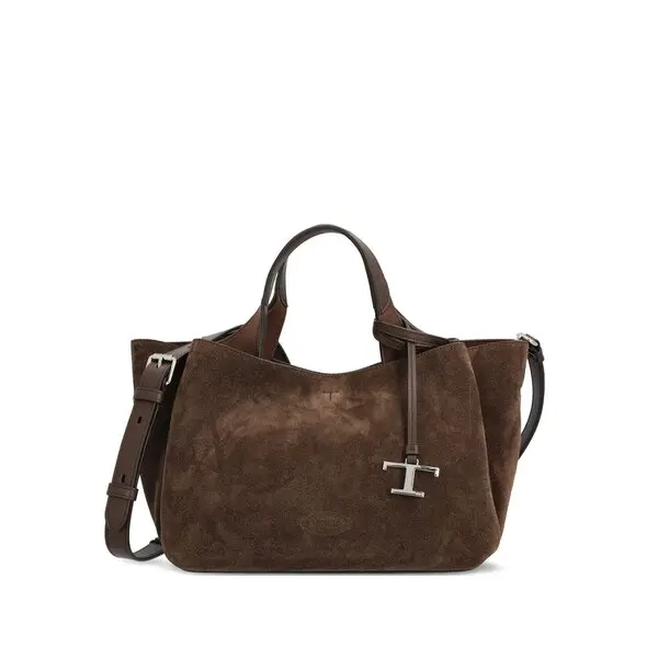 TOD'S Suede Tote Bag With Silver-tone Logo Charm - Brown