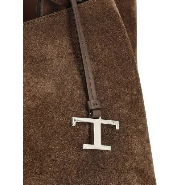 TOD'S Suede Tote Bag With Silver-tone Logo Charm - Brown