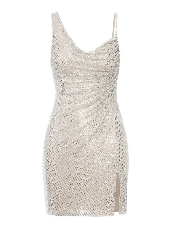 SELF-PORTRAIT Silver Rhinestone Draped Mini Dress - Gold