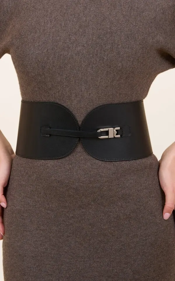 VAINCOURT L'exquise Large Leather Beige Belt - Black
