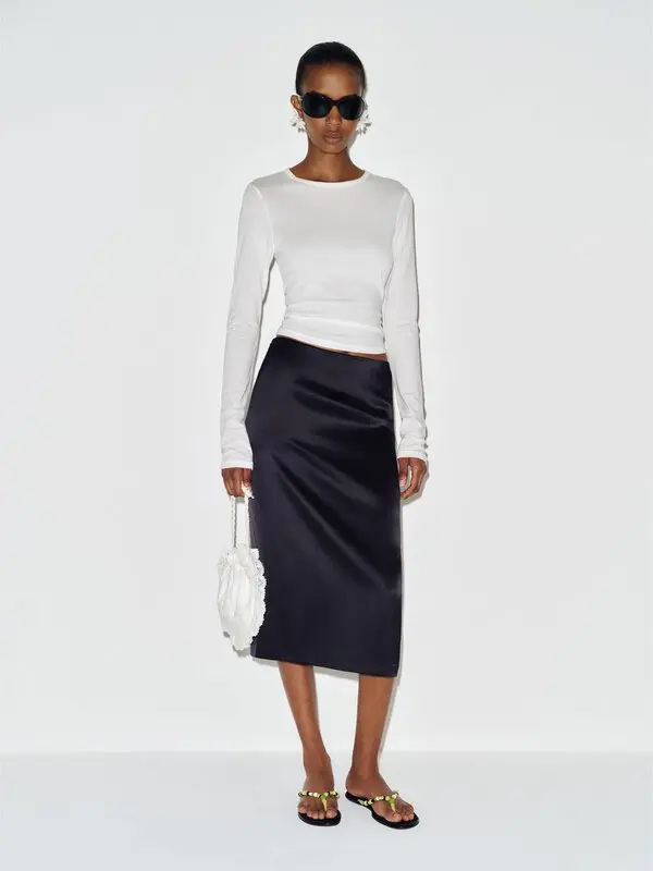 REFORMATION Petites Helen Low Waist Silk Midi Skirt - Black