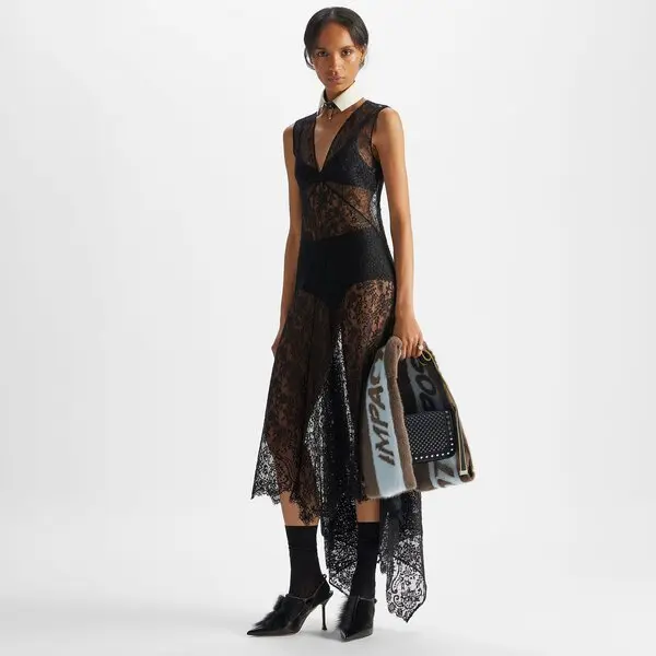 Fendi Midi Dress With Asymmetric Skirt In Allover Flowers And Bacche Lace