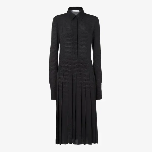 Fendi Midi Shirt Dress With Pleated Skirt In Chevron Jacquard - Black