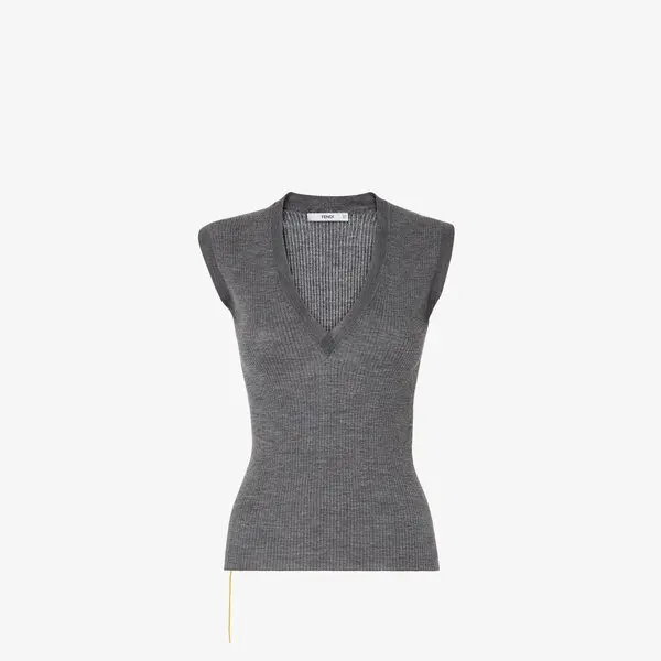 Fendi Rib Knit V-neck Sleeveless Top - Grey
