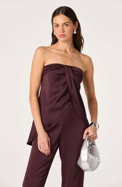 Astr The Label Keona Satin Faux Wrap Strapless Top - Raisin