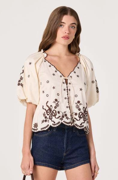 Astr The Label Lucia Embroidered Puff Sleeve Blouse