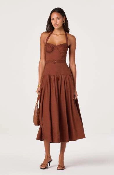 Astr The Label Katinka Belted Halter Midi Dress - Rust