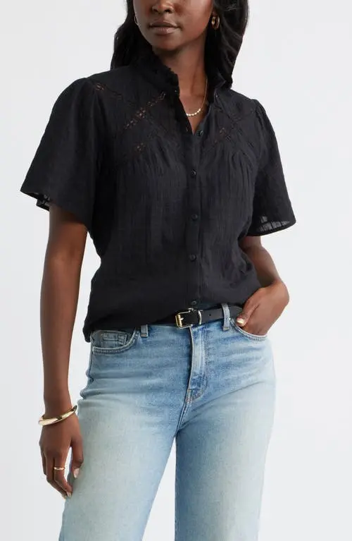 Caslon Lace Trim Button Front Top - Black
