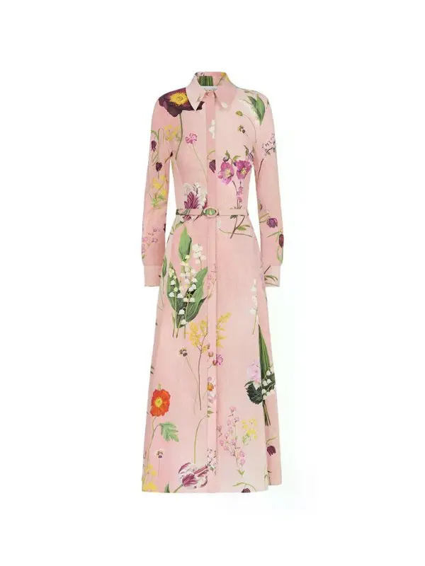 Oscar De La Renta Botanical-printed Belted Midi Shirt Dress - Pink