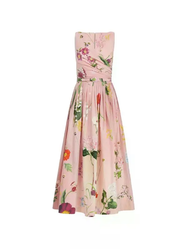 Oscar De La Renta Botanical Print Draped Midi Dress - Pink