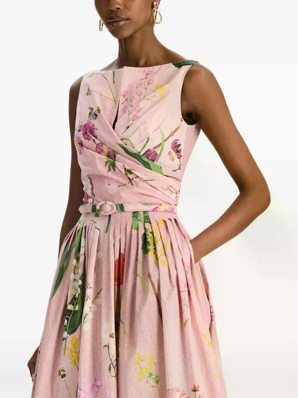 Oscar De La Renta Botanical Print Draped Midi Dress - Pink