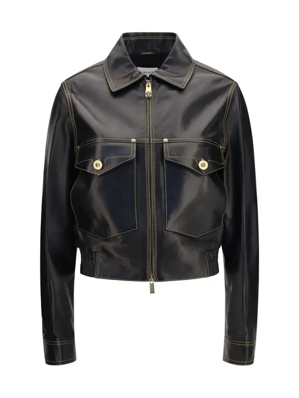 Versace Nappa Leather Blouson Jacket With Medusa Accents - Black