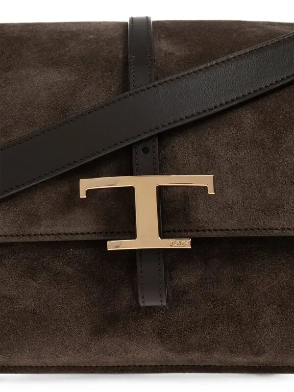 TOD'S Small Suede Timeless Flap Bag With T-detail - Brown