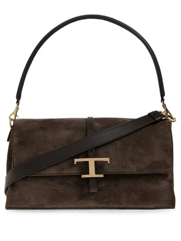 TOD'S Small Suede Timeless Flap Bag With T-detail - Brown