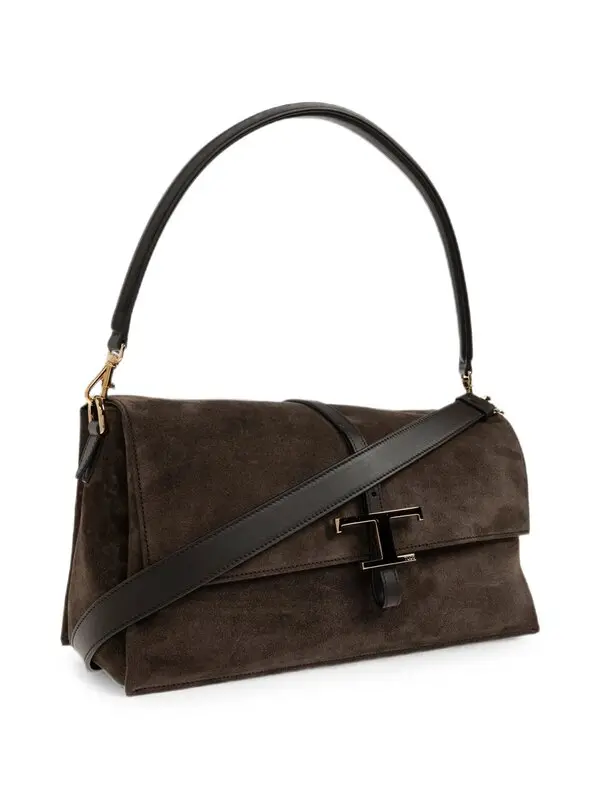 TOD'S Small Suede Timeless Flap Bag With T-detail - Brown