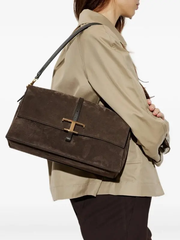TOD'S Small Suede Timeless Flap Bag With T-detail - Brown