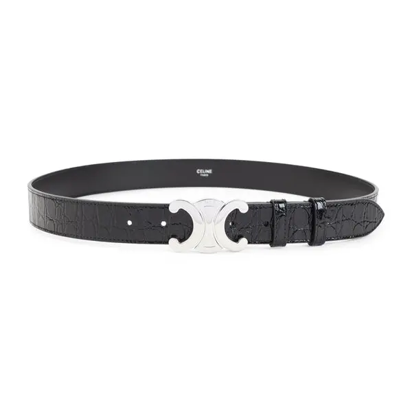 Celine Triomphe Belt In Crocodile-embossed Calfskin With Silver-tone Buckle