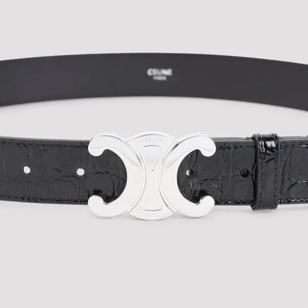 Celine Triomphe Belt In Crocodile-embossed Calfskin With Silver-tone Buckle