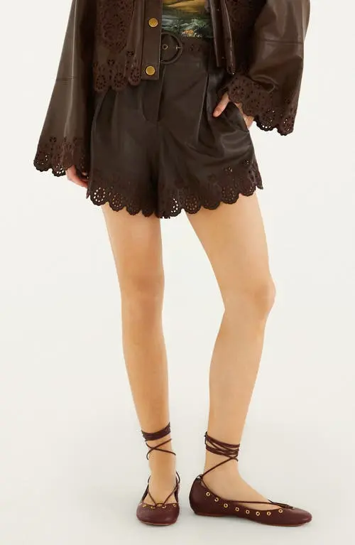 Farm Rio Heart Cutout Belted Leather Shorts - Brown
