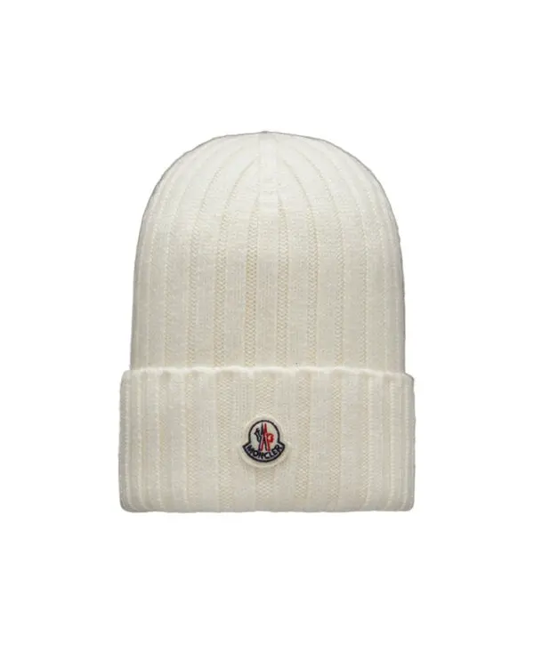 Moncler Logo Patch Ribbed Beanie - White