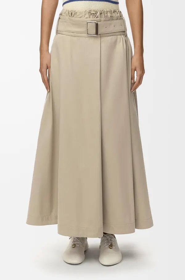 Loewe Pleated Midi Skirt With Engraved Logo Belt Buckle - Light Brown