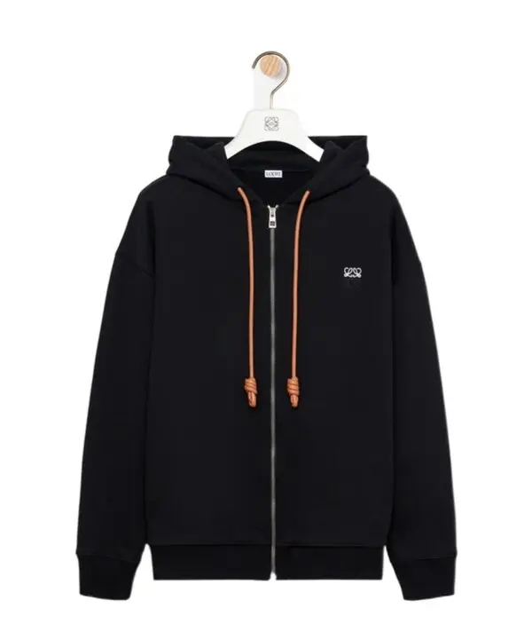 Loewe Zip-up Hoodie With Leather Drawstring Hood - Black