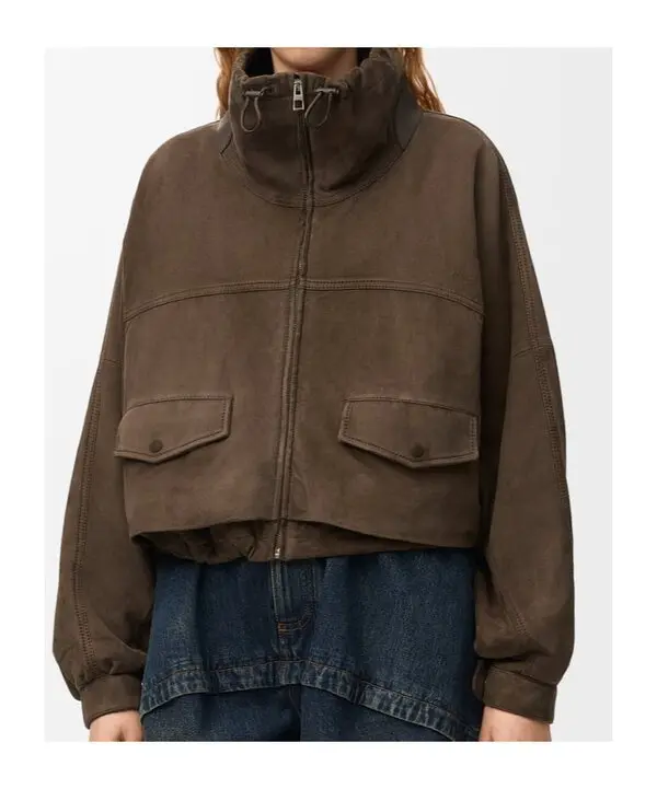 Loewe Suede Cropped Jacket With Leather Details - Dark Brown