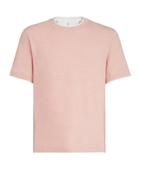 Brunello Cucinelli Linen And Cotton Jersey Crew-neck T-shirt With Faux-layering - Pink