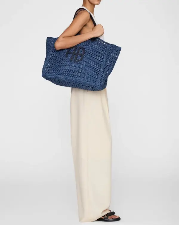 ANINE BING Rio Large Woven Tote Bag - Navy Blue