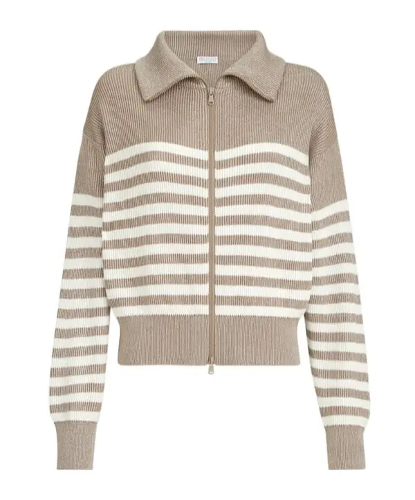 Brunello Cucinelli Sparkling Cotton Striped English Rib Cardigan With Zipper And Monili - Nude