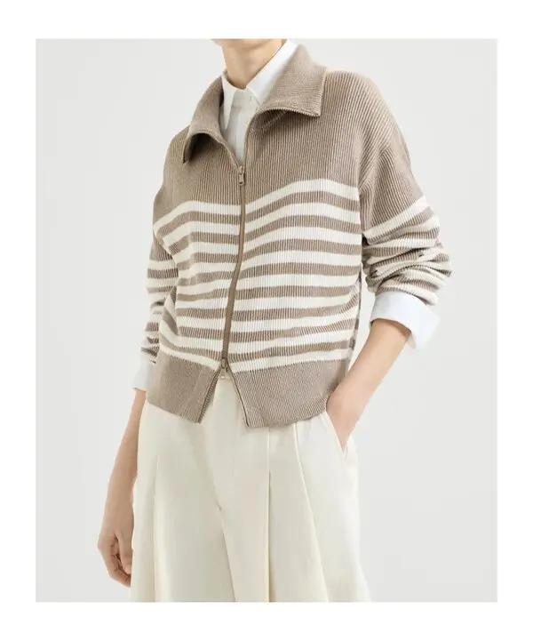 Brunello Cucinelli Sparkling Cotton Striped English Rib Cardigan With Zipper And Monili - Nude