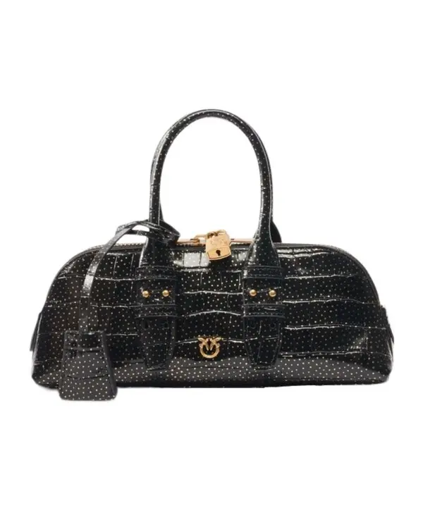 Pinko Medium Crocodile-print Leather Bag With Gold Polka Dots - Black