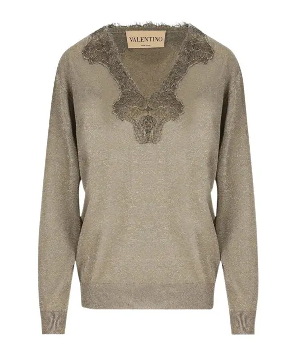 Valentino Garavani V-neck Knit Top With Lace Trim - Nude