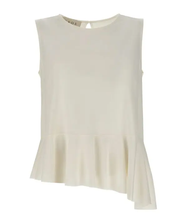 KAOS Sleeveless Asymmetrical Ruffled Hem Top - Cream