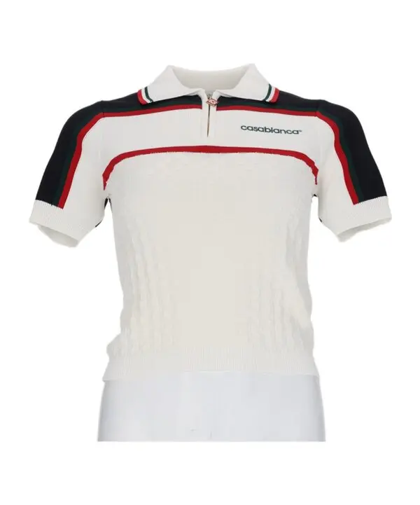 Casablanca Textured Knit Zip Polo Top - Whitenavy